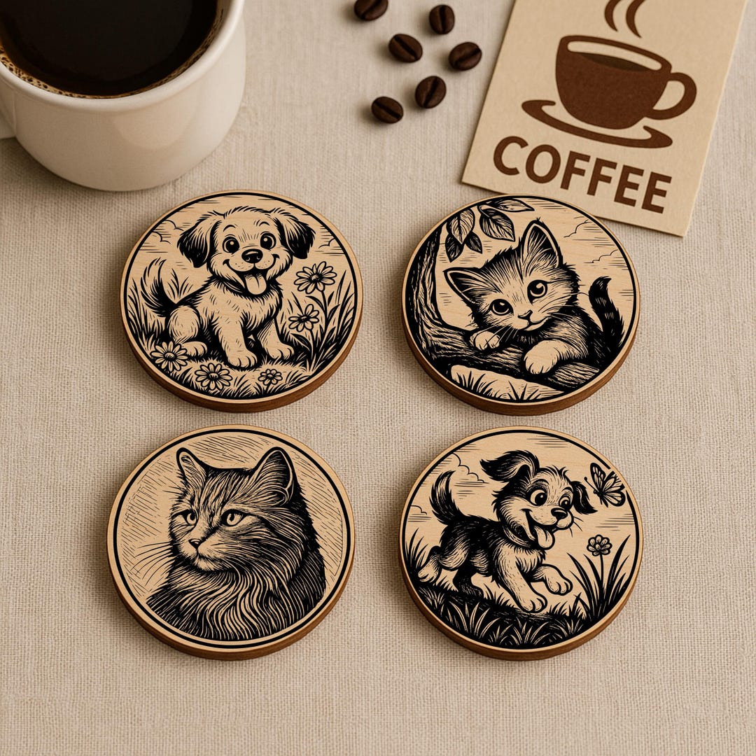 Cat & Dog Coaster SVG Bundle: Laser Cut Animal Designs (digital ...