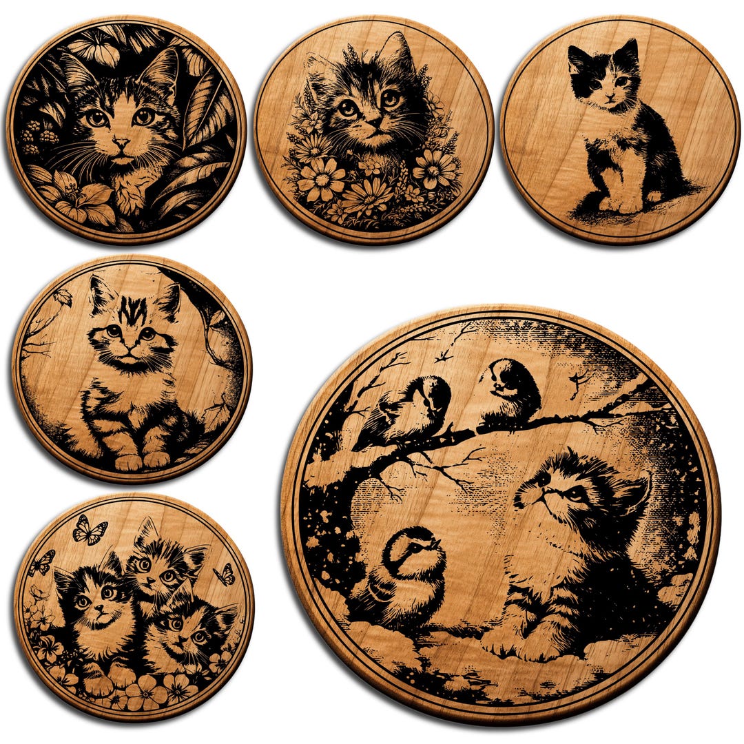 Laser Cut Cat Coaster SVG Bundle | Kitten Engraving Designs (digital ...
