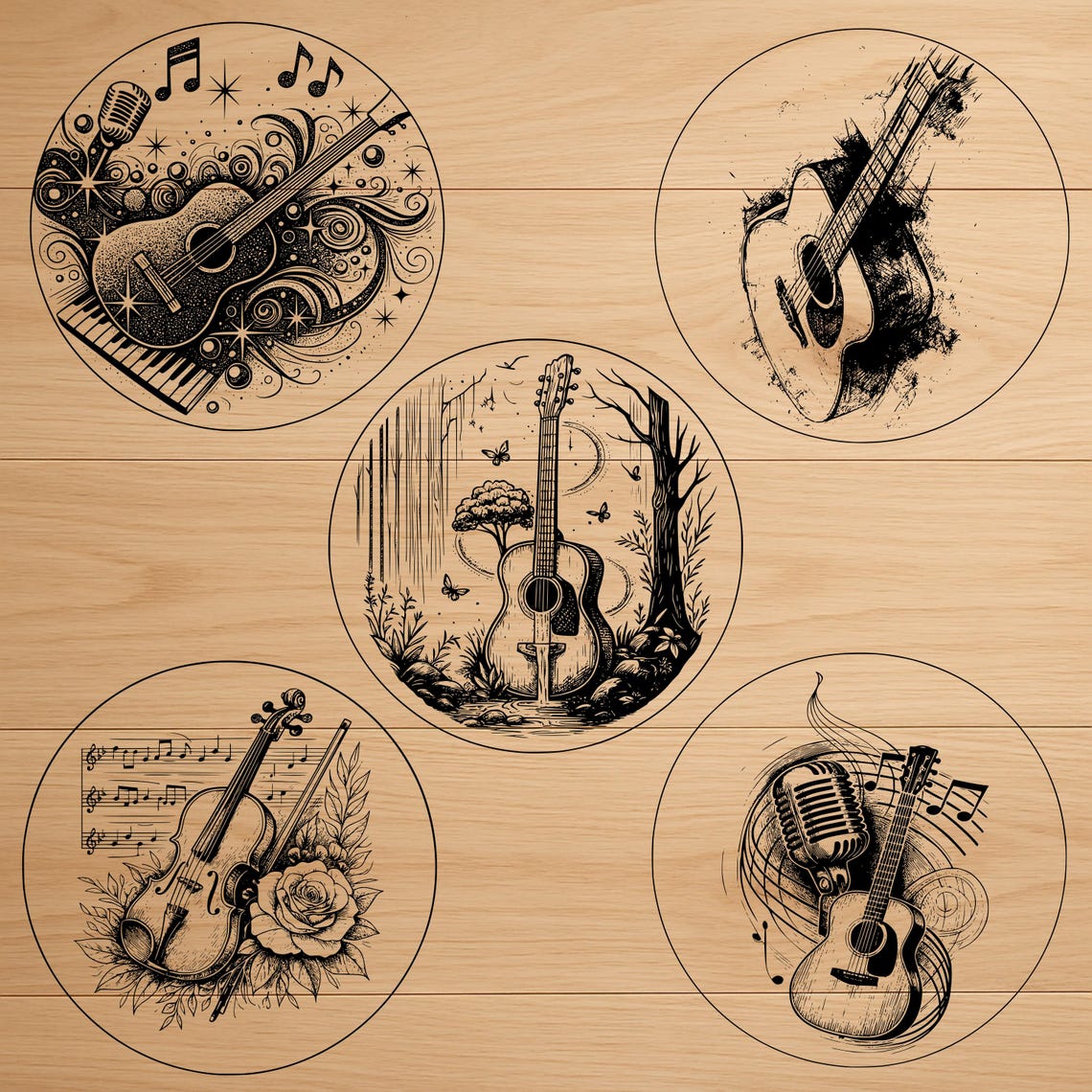 Musical Instrument Coaster SVG Bundle Guitar & Violin Engraving Designs ...