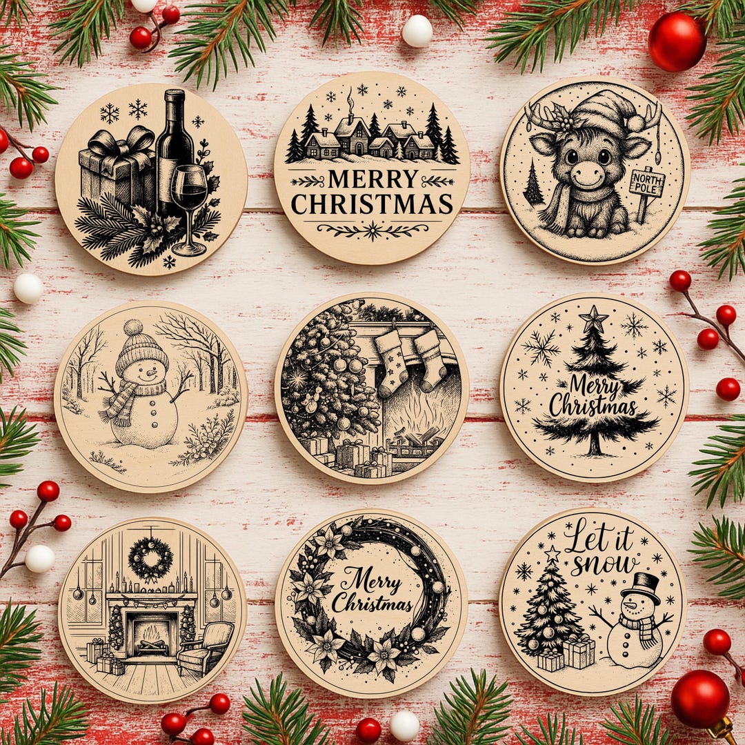 Vintage Christmas Coaster SVG Bundle: Engraved Holiday Designs (digital ...