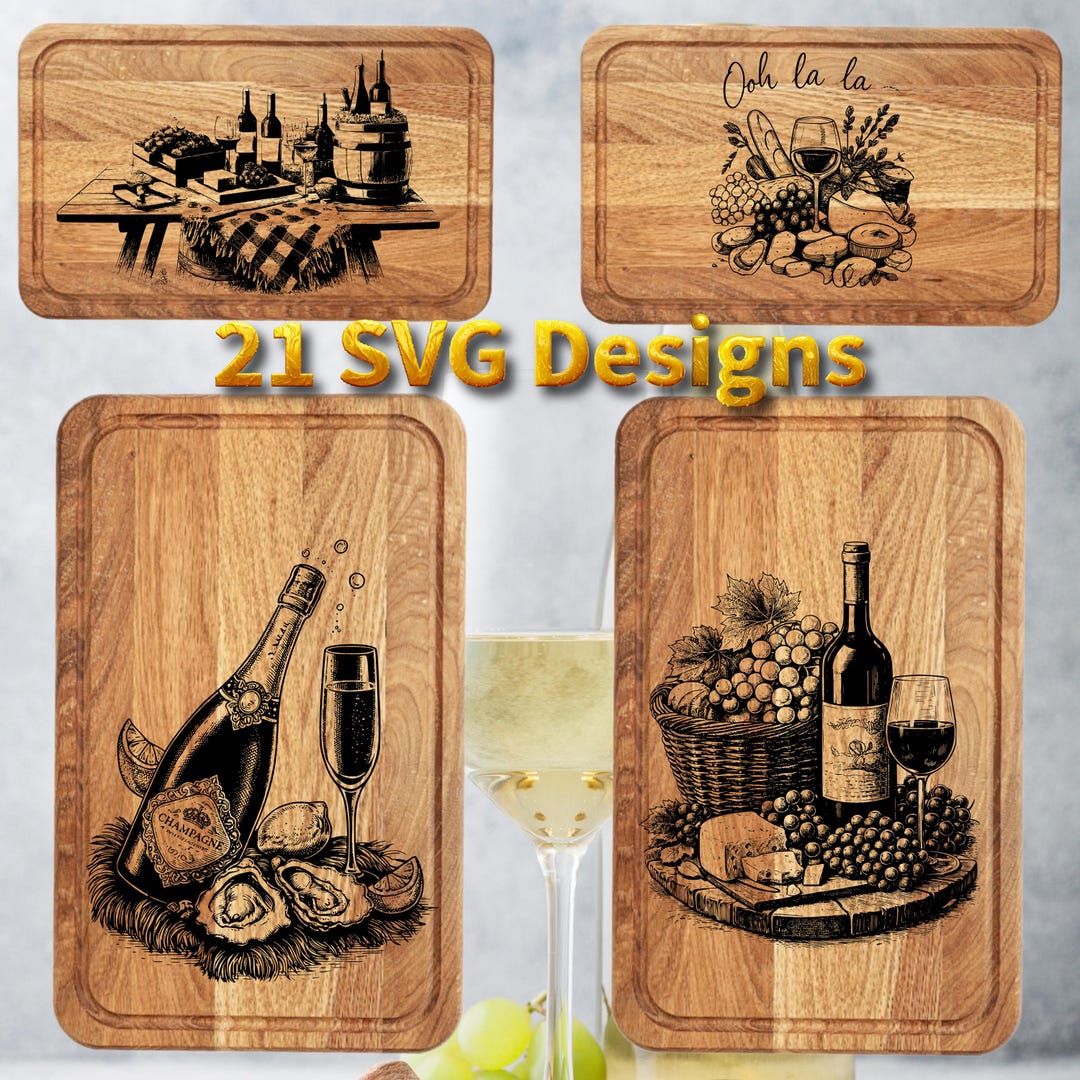 21 Wine & Food Laser Engraving SVG Bundle Cutting Board Designs Cheese ...