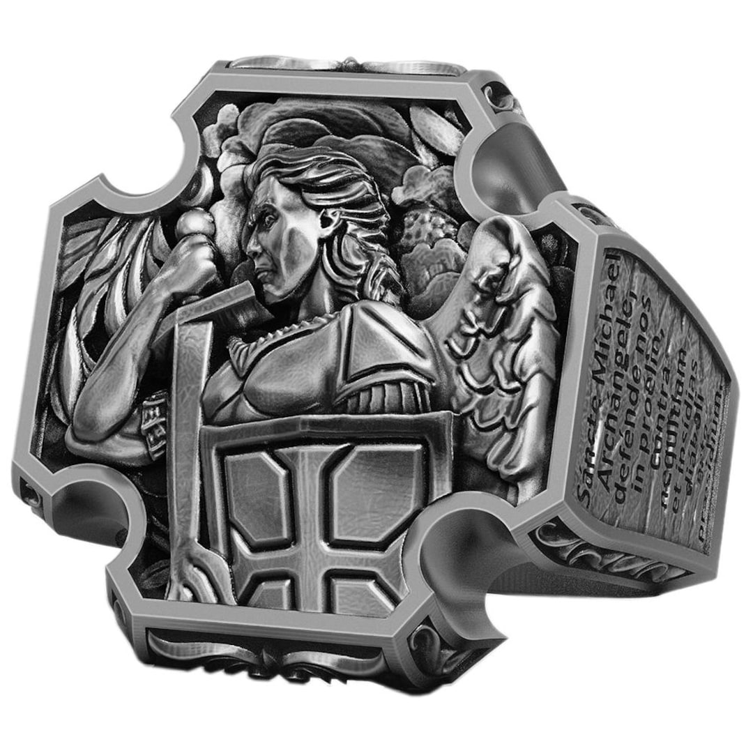 Archangel St Michael Slaying the Devil Solid Sterling Silver Men Ring ...