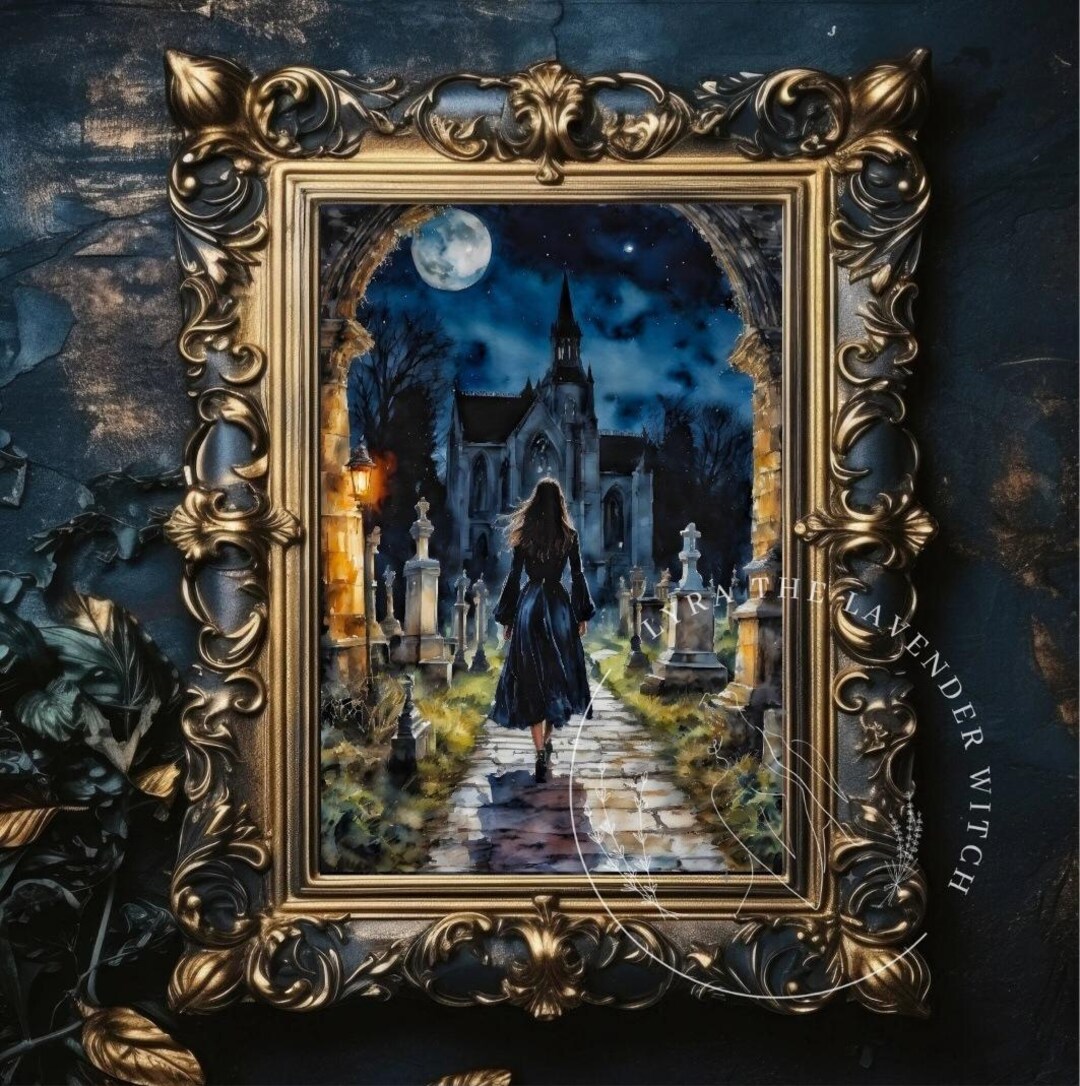 7x5" Her Favourite Place (A Gothic Graveyard) Watercolor Witch Art ...