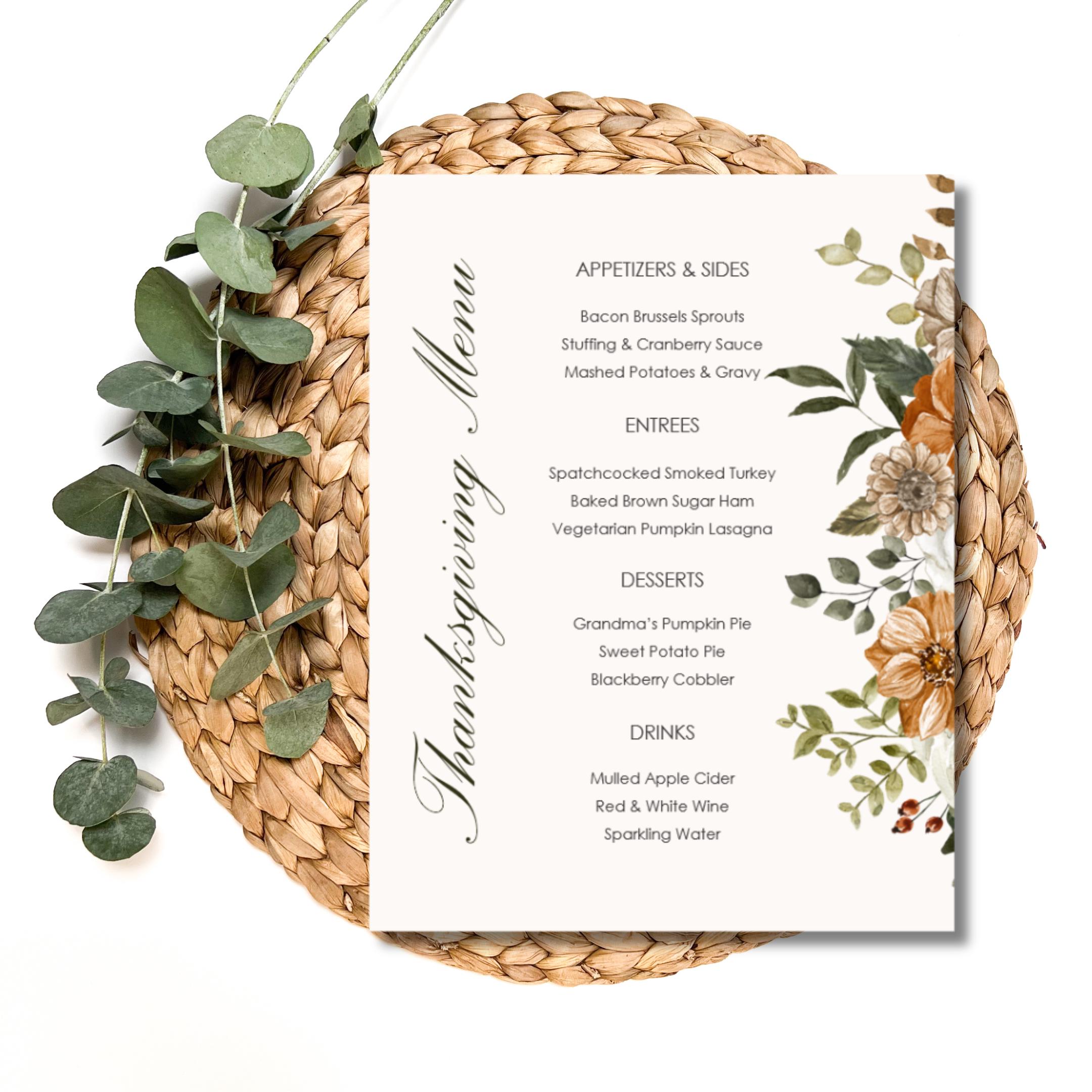 Thanksgiving Menu - Easy Edit in Word! Full Page - Etsy