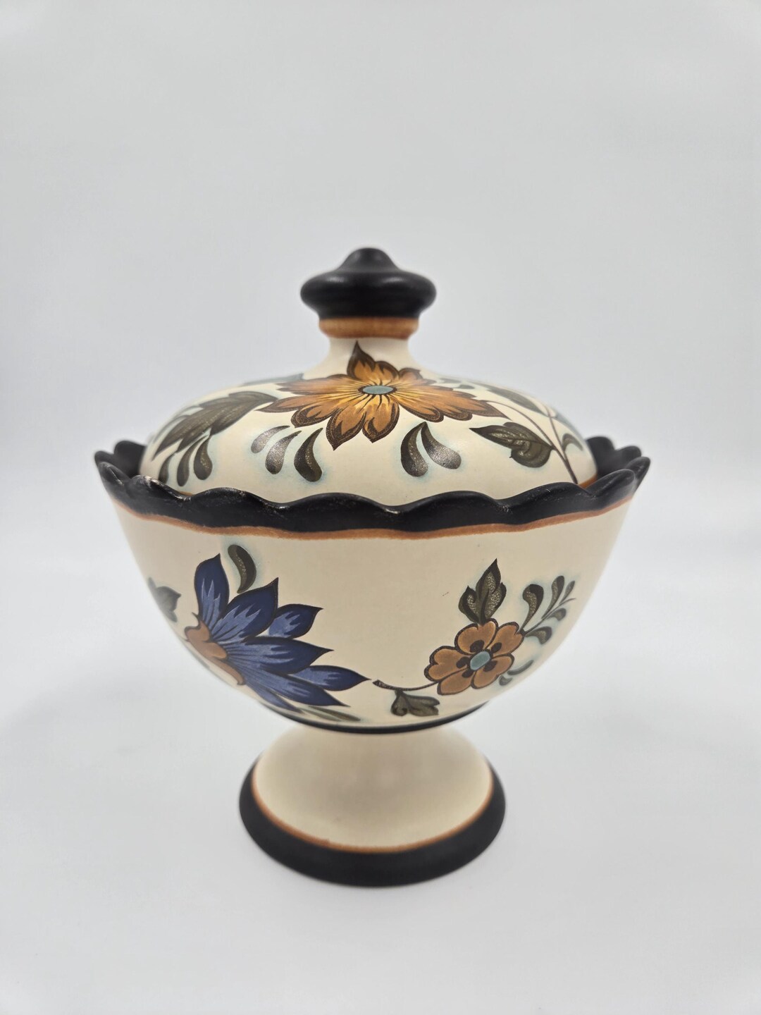 Vintage Floral Gouda Plateel Holland Handwerk Cover Footed Bowl, Candy ...