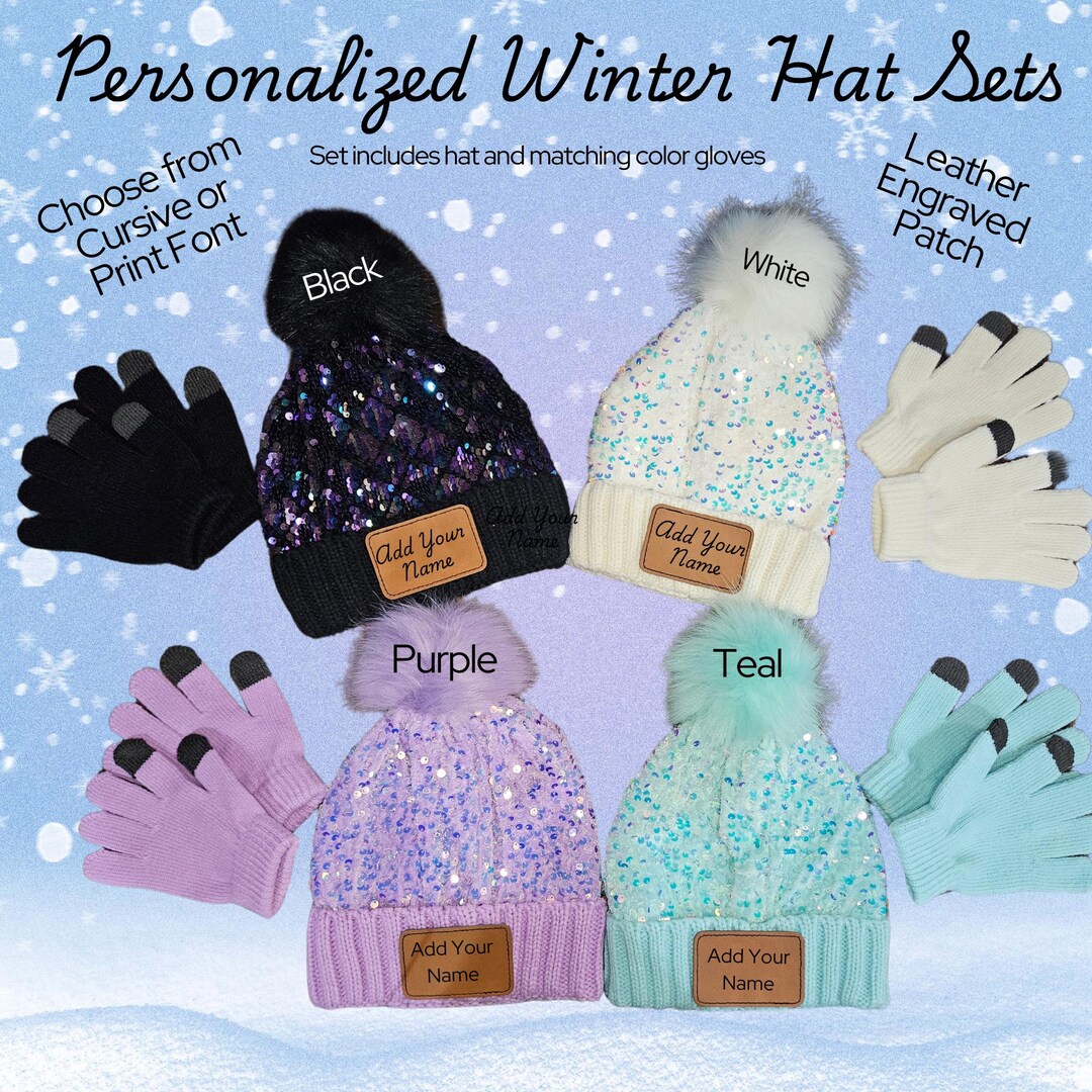Sequence Winter Hat With Personalized Leather Patch, Add Name or Saying ...