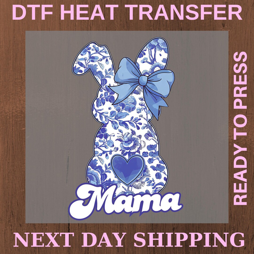 Mama Blue Ribbon Bunny DTF Transfer, Cute Rabbits With Pink Bows, Ready ...