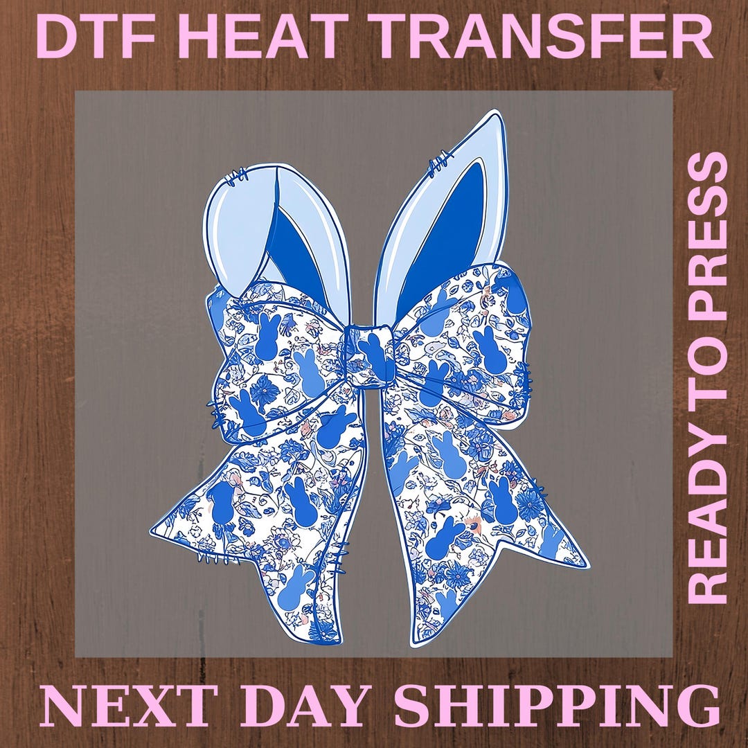 Blue Ribbon Bunny DTF Transfer, Cute Rabbits With Pink Bows, Ready to ...