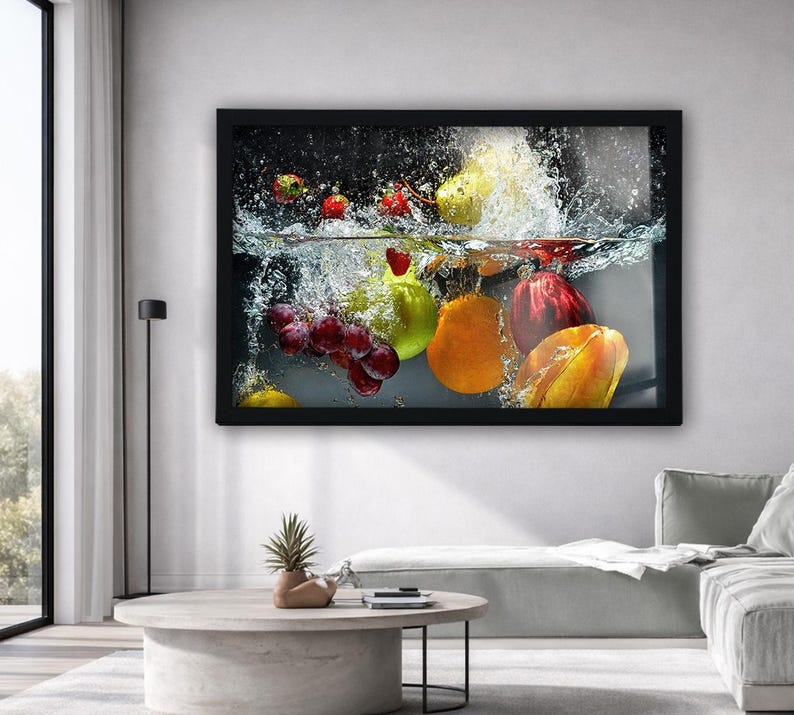 Vibrant Fruit Splash Glass Wall Art, Modern Kitchen Decor, Fresh Fruit ...