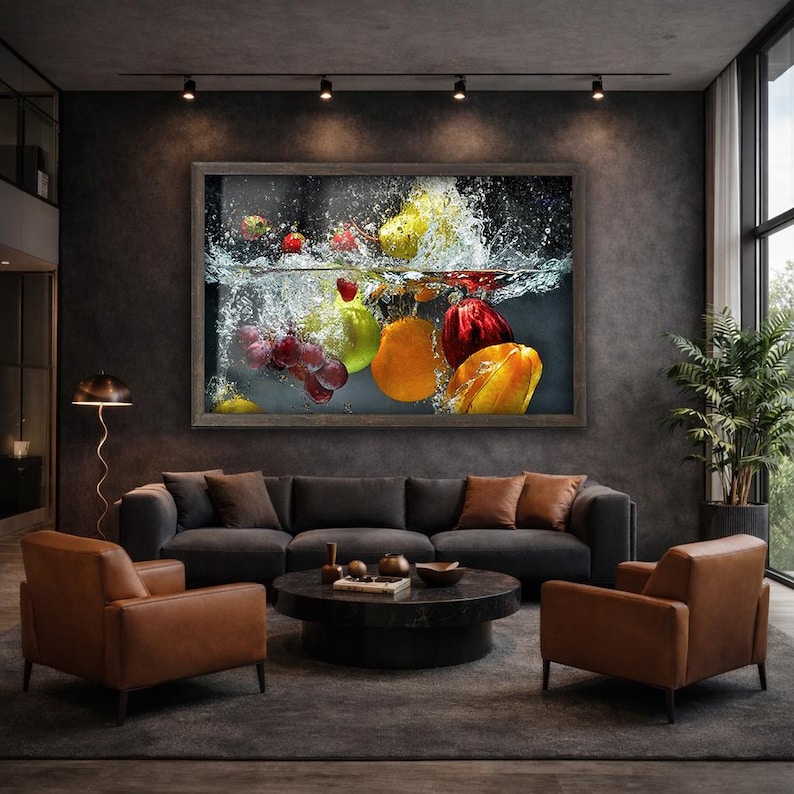 Vibrant Fruit Splash Glass Wall Art, Modern Kitchen Decor, Fresh Fruit ...