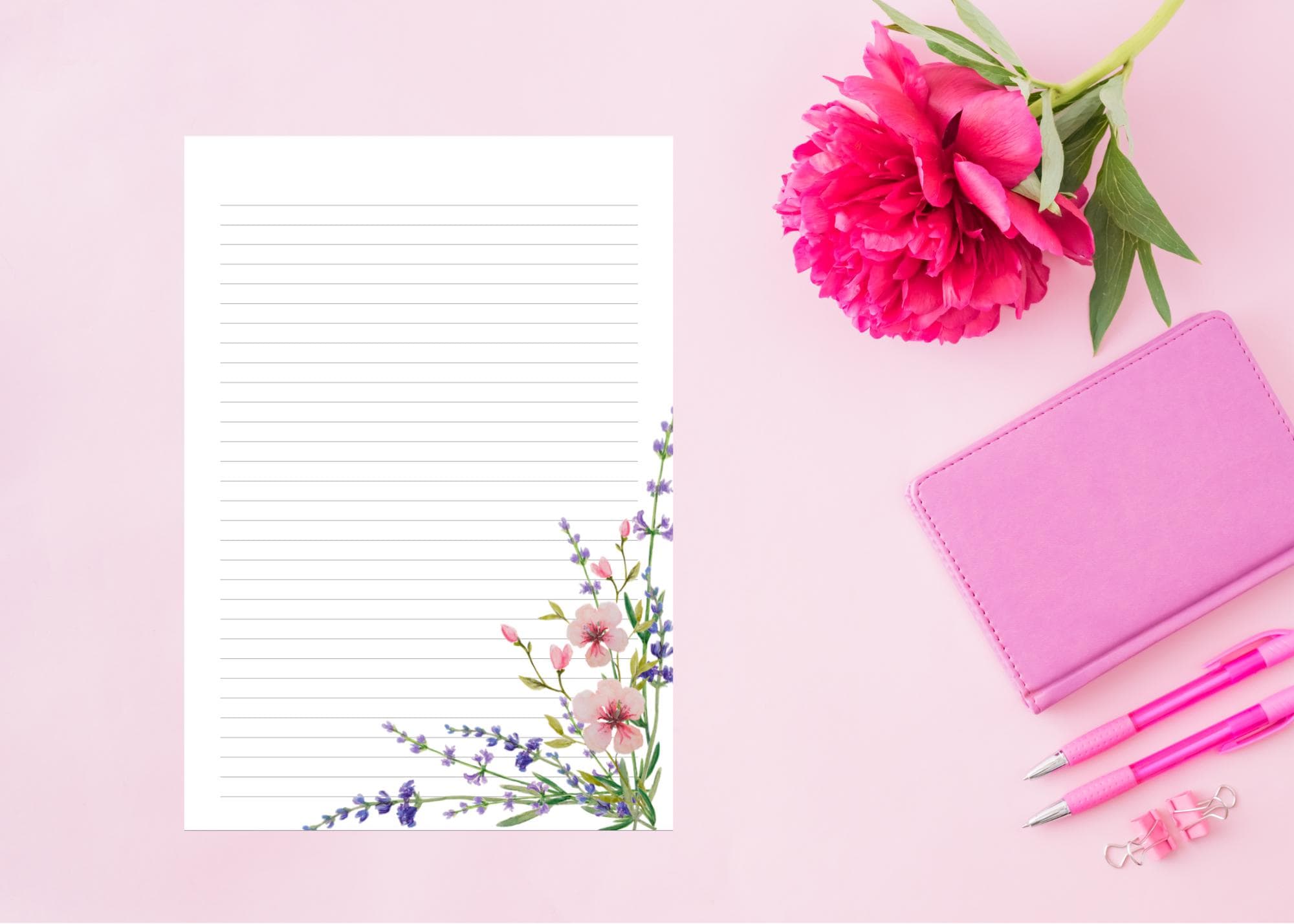 Colored Floral Lined Paper, Printable Stationery Paper, Journal Paper ...