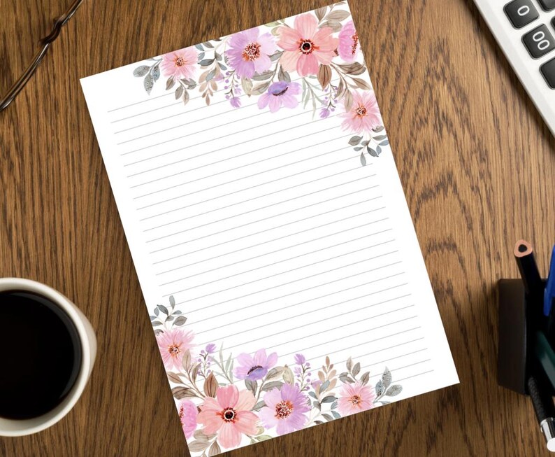 Colored Floral Lined Paper, Printable Stationery Paper, Journal Paper ...