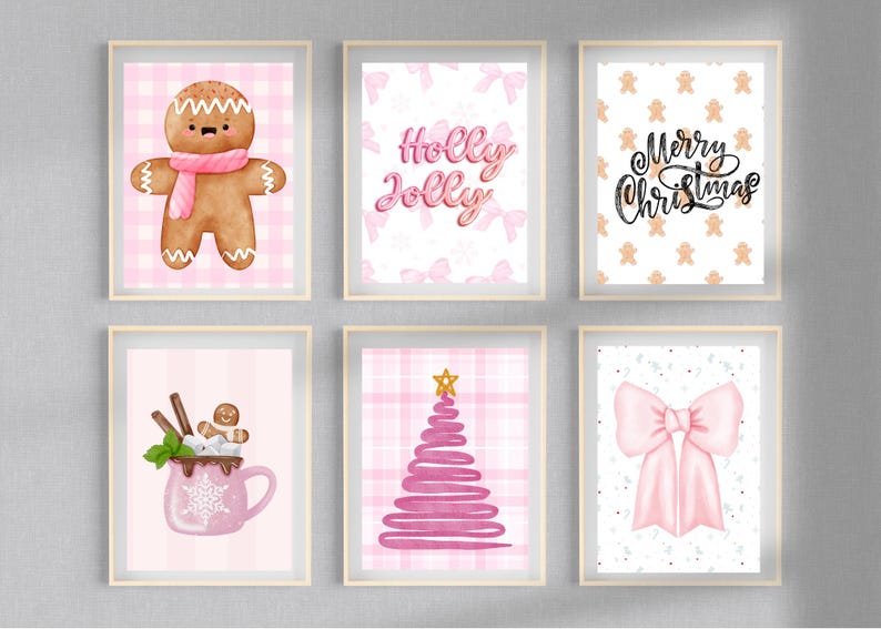 Preppy Christmas Decor: 24 Pink Printable Posters Festive Wall Art Set ...
