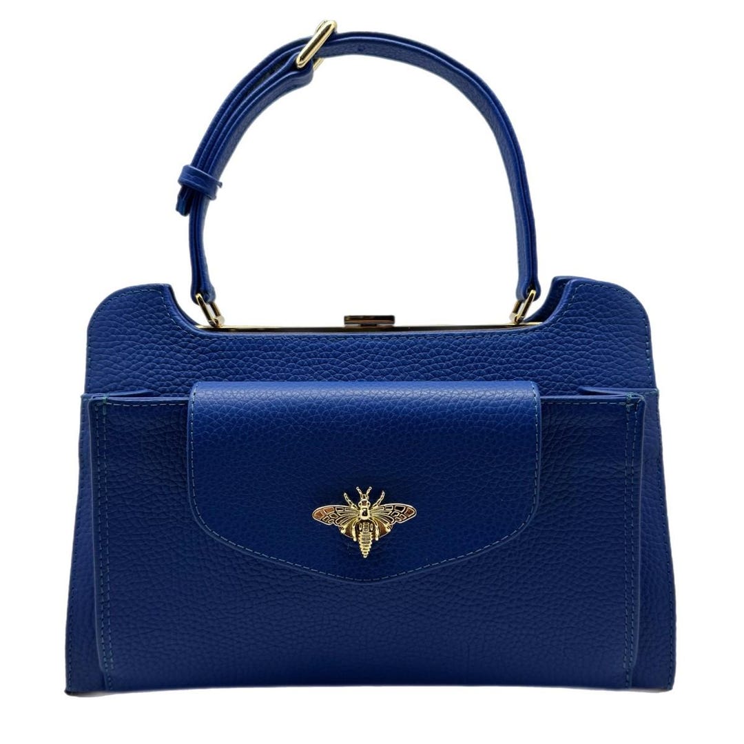 Blue Leather Kiss Lock Bag for Women – Handmade Large Vintage-style ...