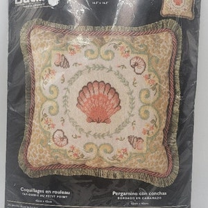 BUCILLA Needlepoint Pillow Kit Seashells in Scroll Rare Suzanne Nicholl ...