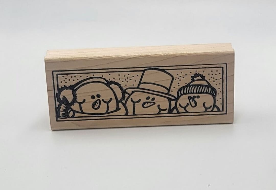 3 Snowmen Faces Peeking Winter Snow Hat Earmuffs Scarf Rubber Stamp ...