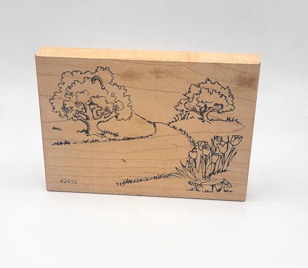 Nature Path Scene Rubber Stamp Trees Grass Mushrooms Tulips Flowers ...