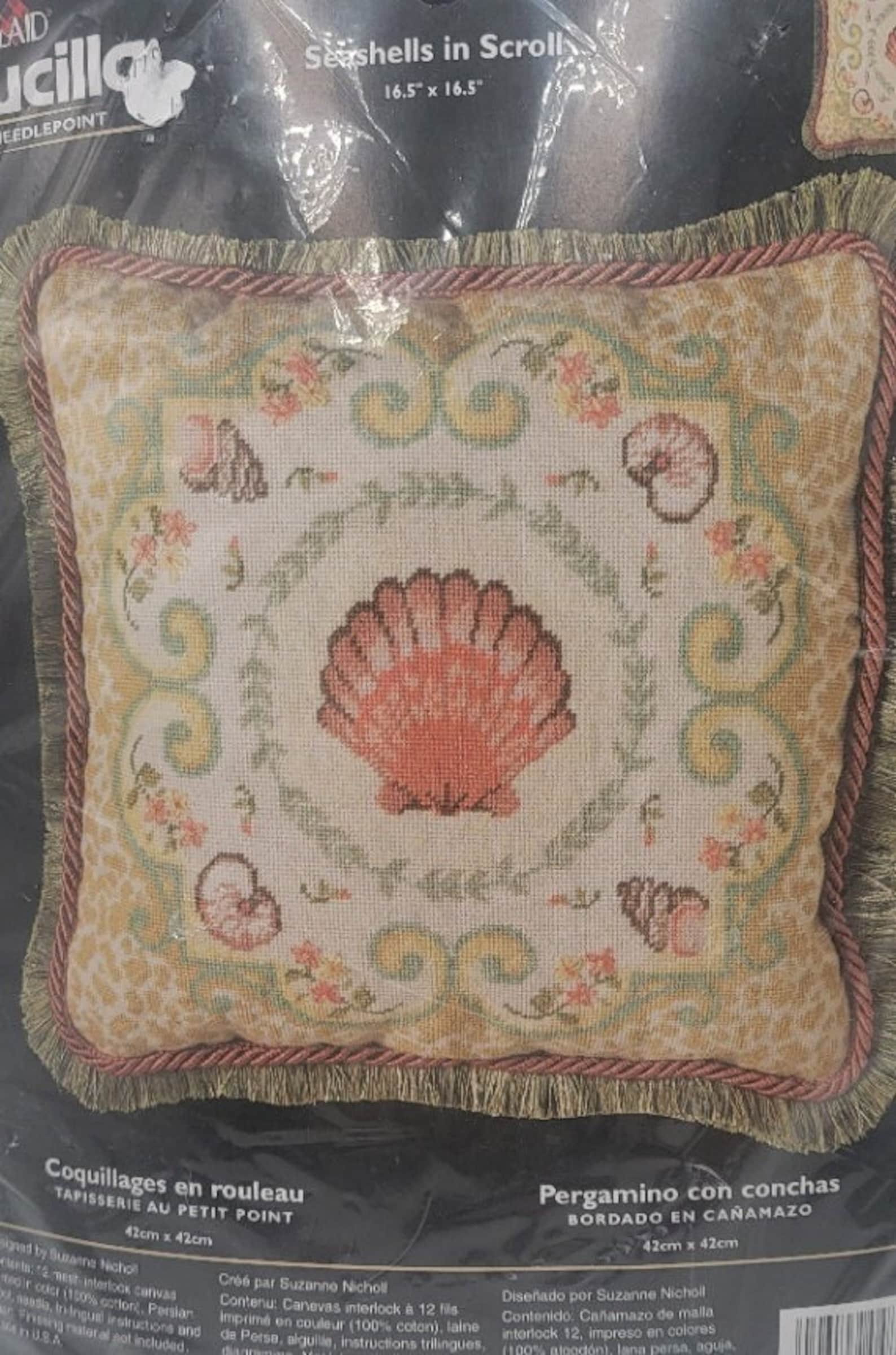 BUCILLA Needlepoint Pillow Kit Seashells in Scroll Rare - Etsy
