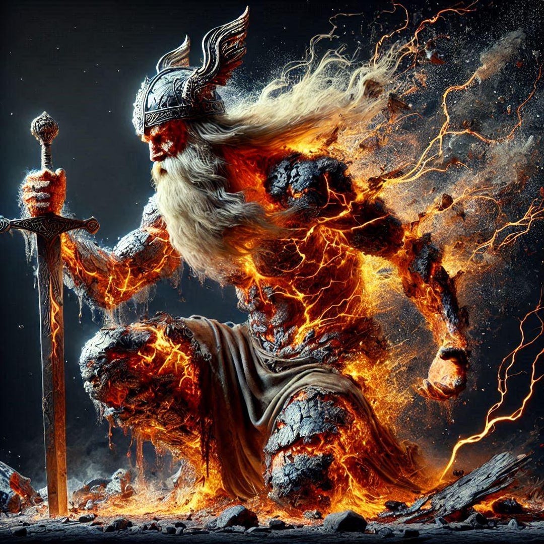 Viking God of Fire Disintegrating Form Kneeling Holding Sword With One ...