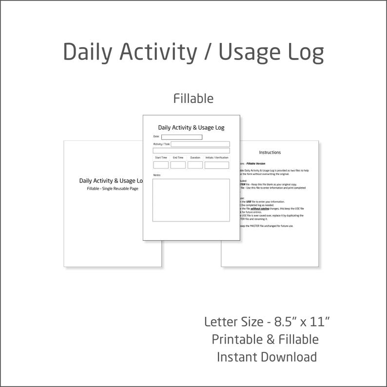 Daily Activity and Usage Log | Printable and Fillable PDF | Record ...