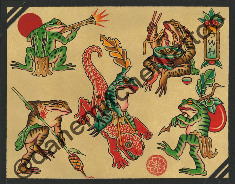 Japanese Frogs Tattoo Flash - Etsy