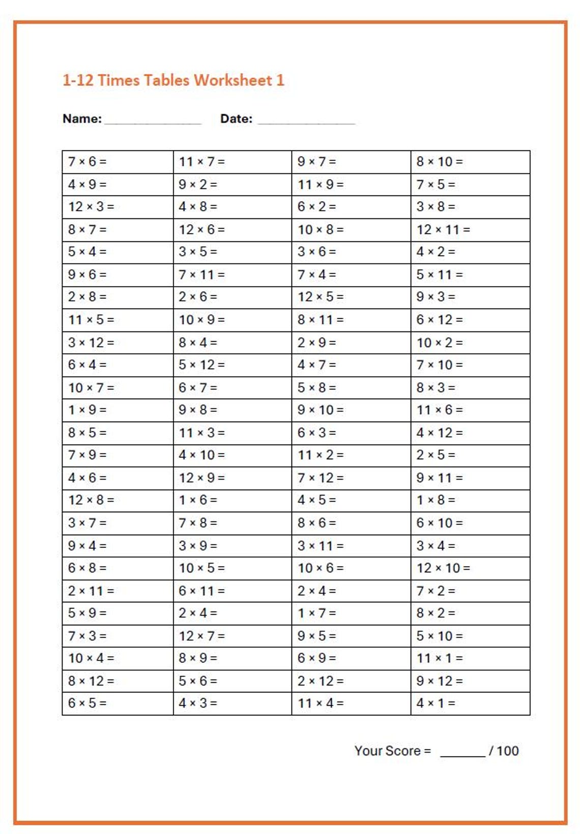 Times Tables Worksheets. 10 X 100 Questions A4 PDF Download Ready to ...