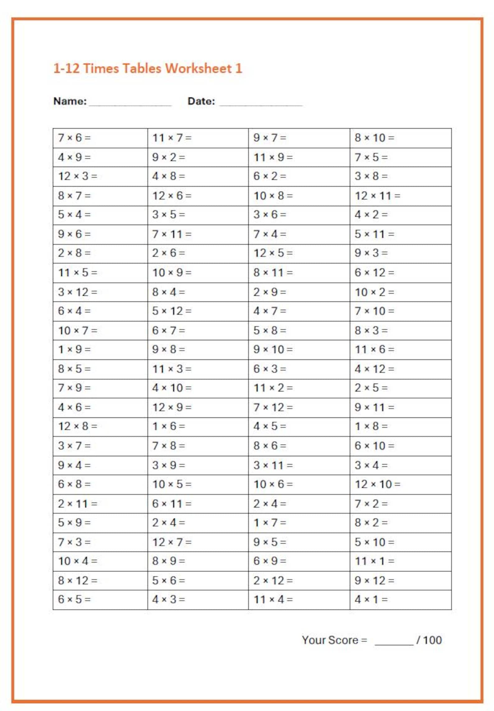 Times Tables Worksheets. 10 X 100 Questions A4 PDF Download Ready to ...