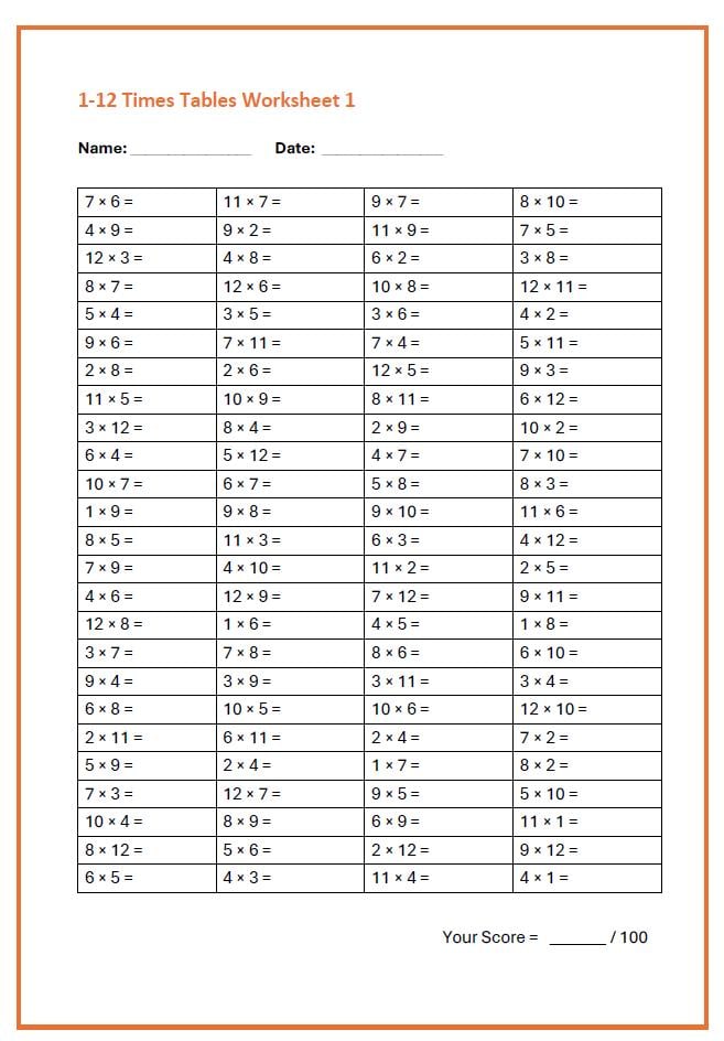 Times Tables Worksheets. 10 X 100 Questions A4 PDF Download Ready to ...