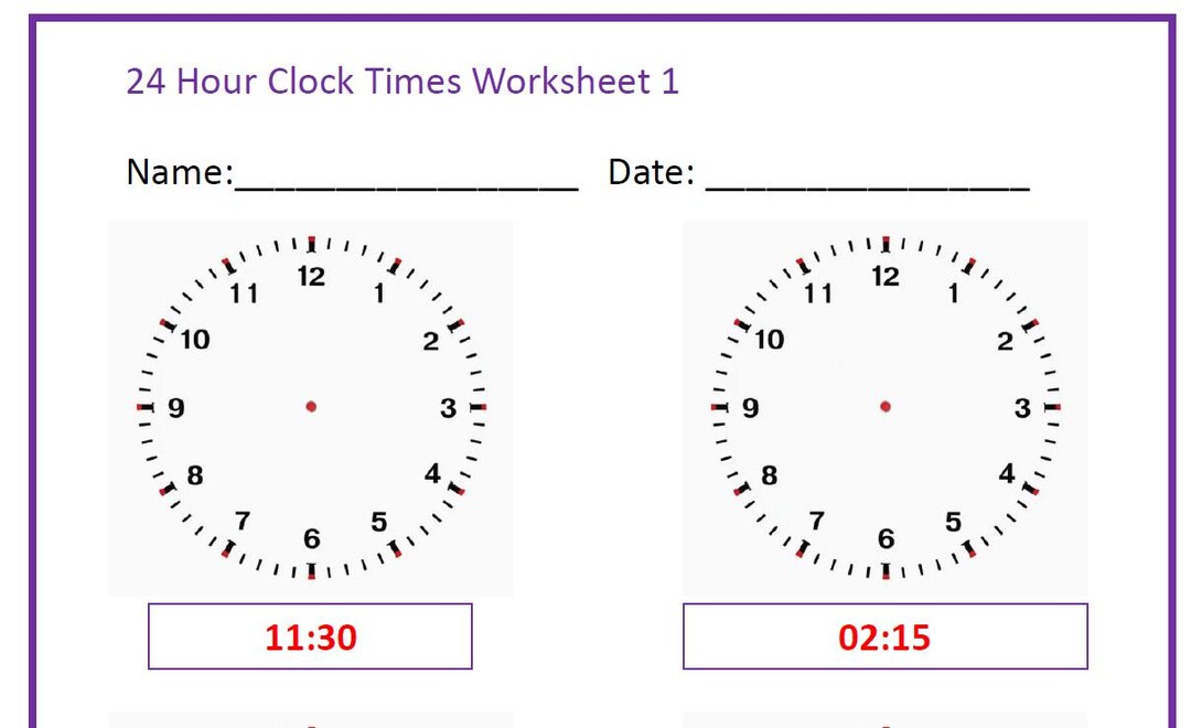 24 Hour Clock Time Worksheets. 10 Pages With 6 Clocks. 24 Hour Clock ...