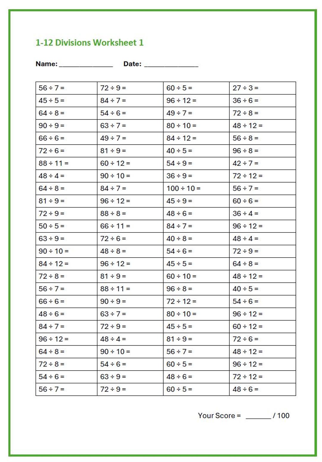 Division Practice Worksheets. 10 X 100 Questions A4 PDF Download Ready ...