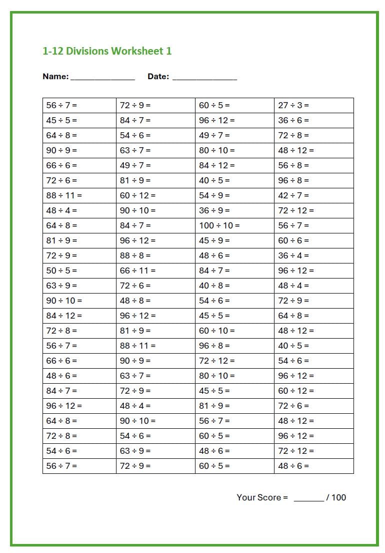 Division Practice Worksheets. 10 X 100 Questions A4 PDF Download Ready ...