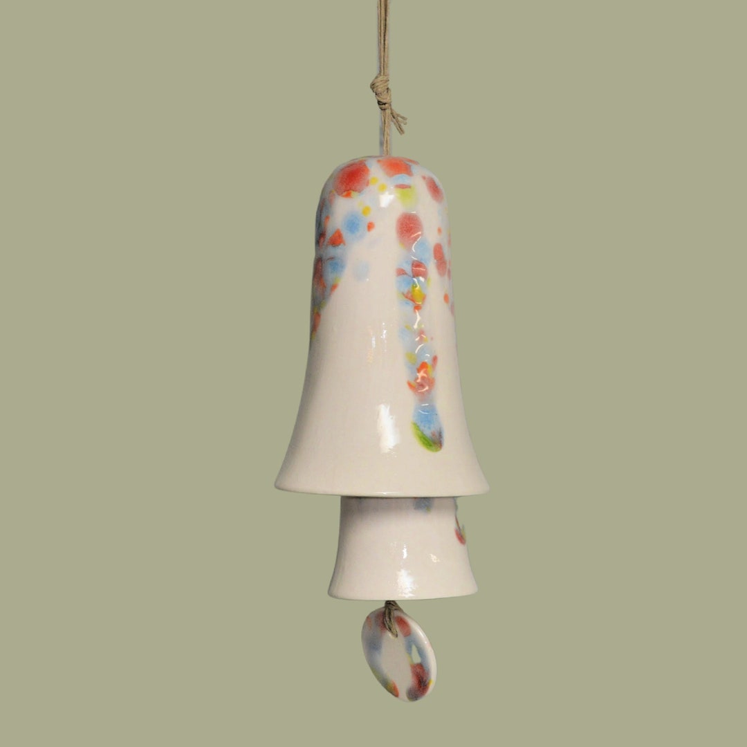 Ceramic Small Stack Wind Bell Wind Chime - White With Red, Blue, and ...
