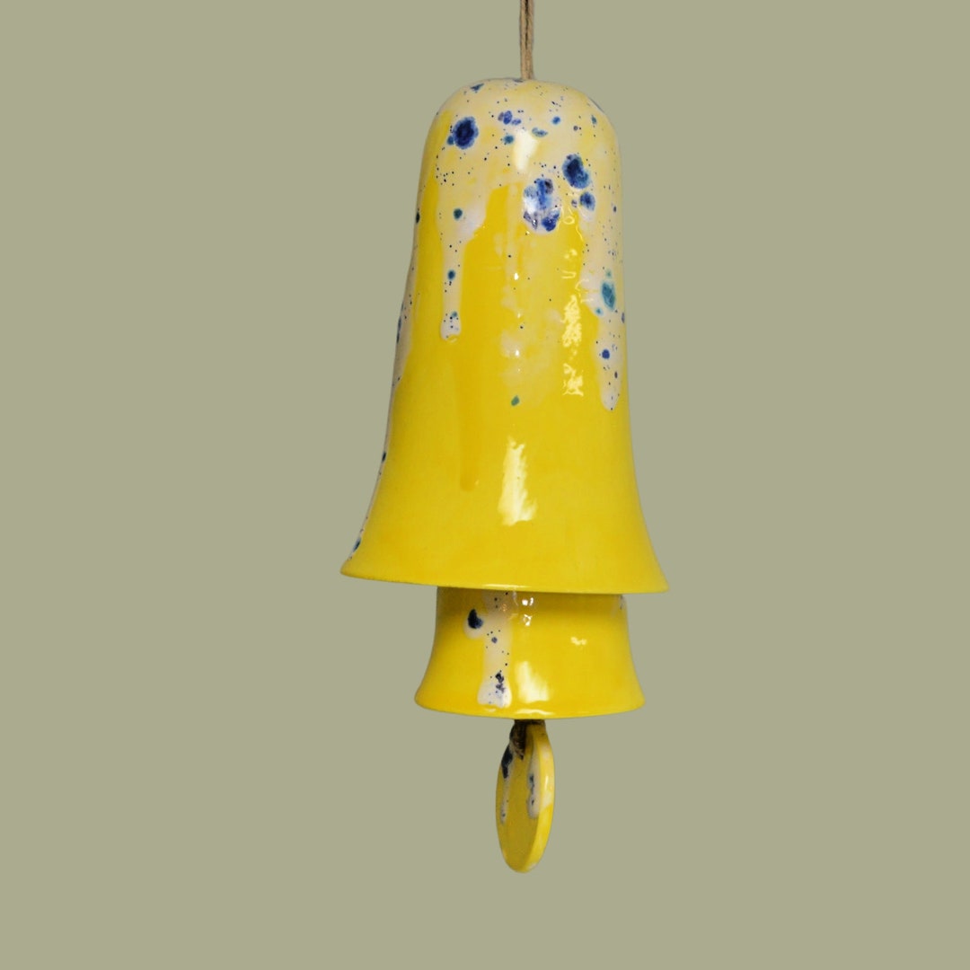 Ceramic Small Stack Wind Bell Wind Chime - Bright Yellow Bursts of Blue ...