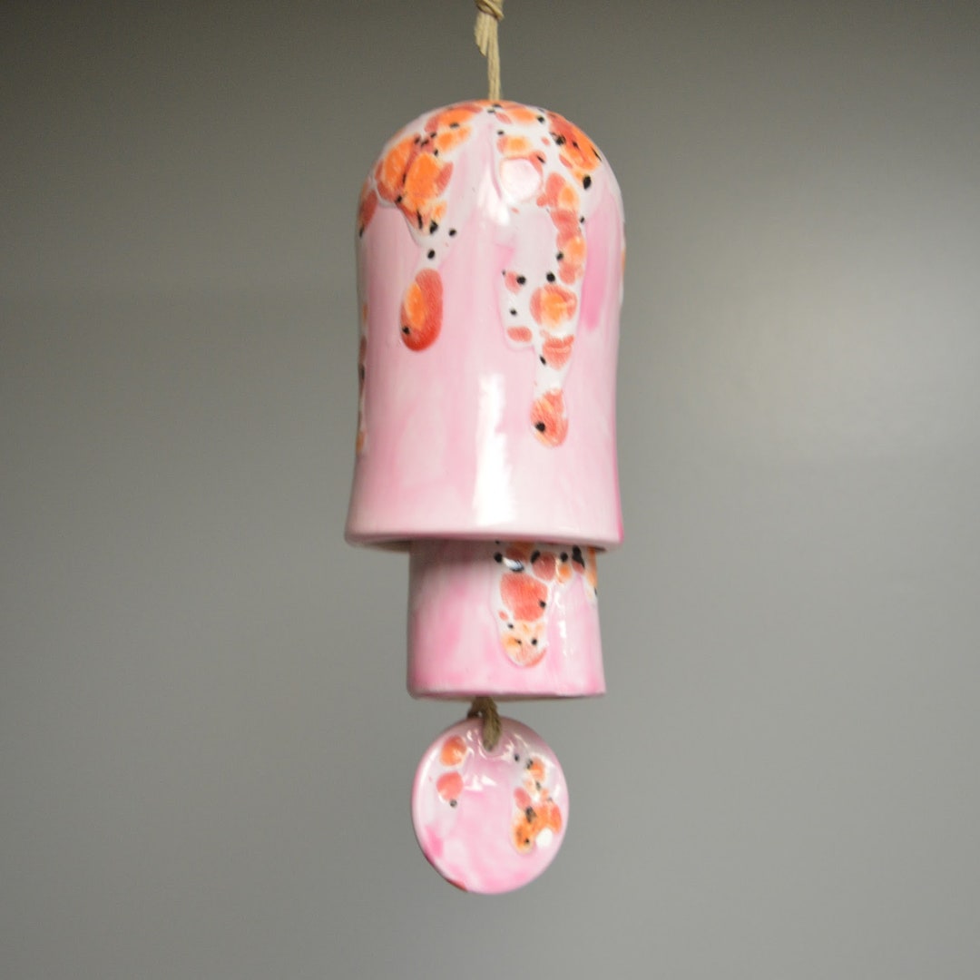 Handmade Ceramic Wind Chime: Pink Stacked Bells, Coral & Black Accents ...