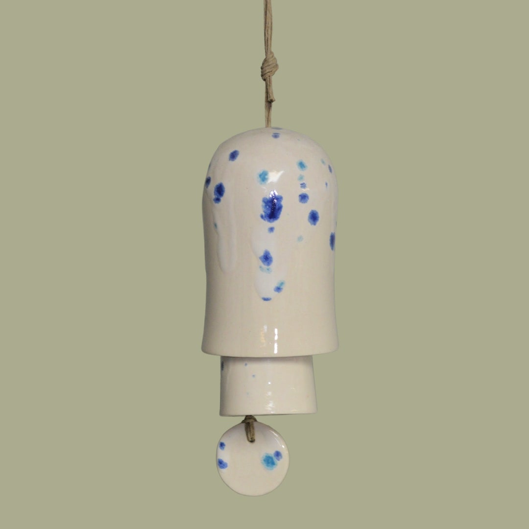 Rounded Ceramic Small Stack Wind Bell Wind Chime - White With Royal ...