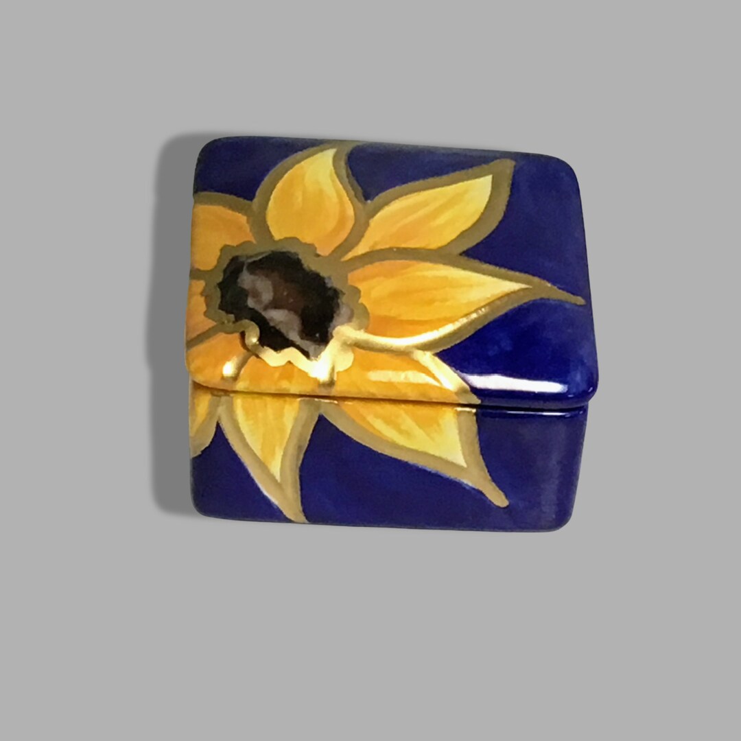 Handmade Ceramic Sunflower Keepsake Box: Cobalt Blue & Yellow - Etsy
