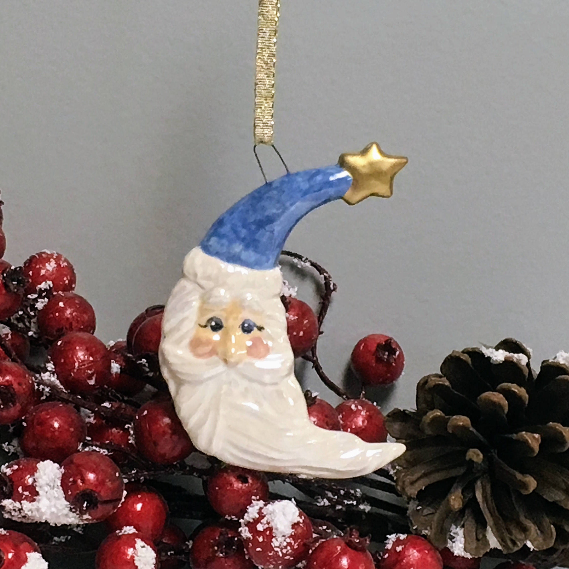 Ceramic Santa Crescent Moon Christmas Ornament - Light Blue - Etsy
