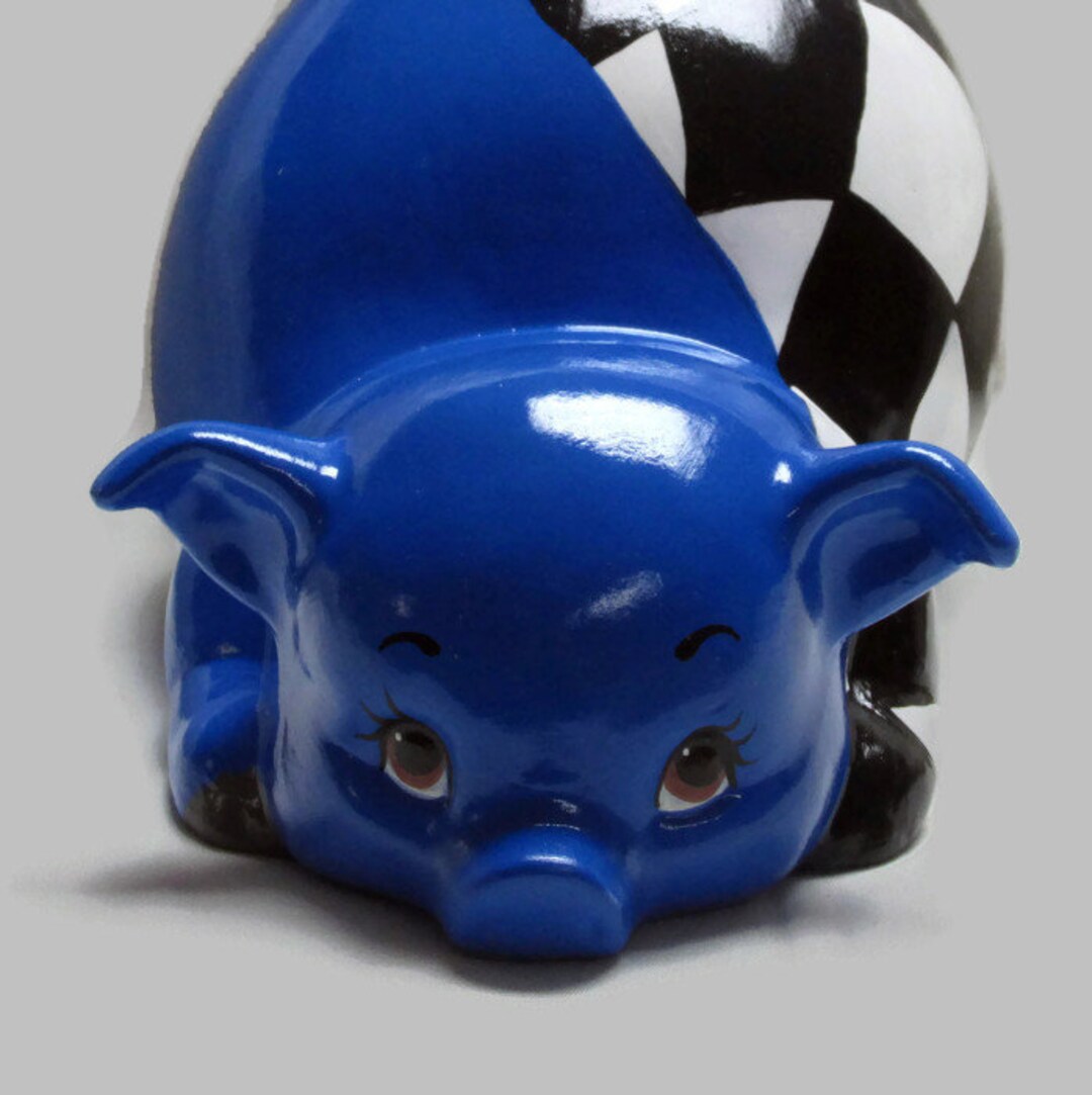 Ceramic Piggy Bank - Bright Blue Piggy Bank - Checkered Flag Piggy Bank ...