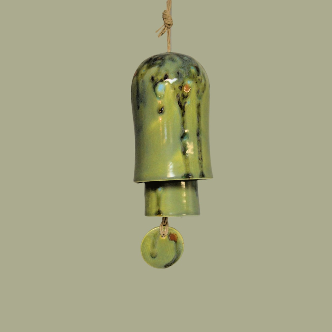 Rounded Ceramic Small Stack Wind Bell Wind Chime - Sage Green Mocha ...