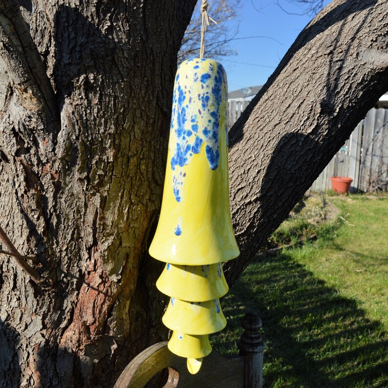 Ceramic Cone Bell Wind Chime Yellow with Blue Bursts | Etsy