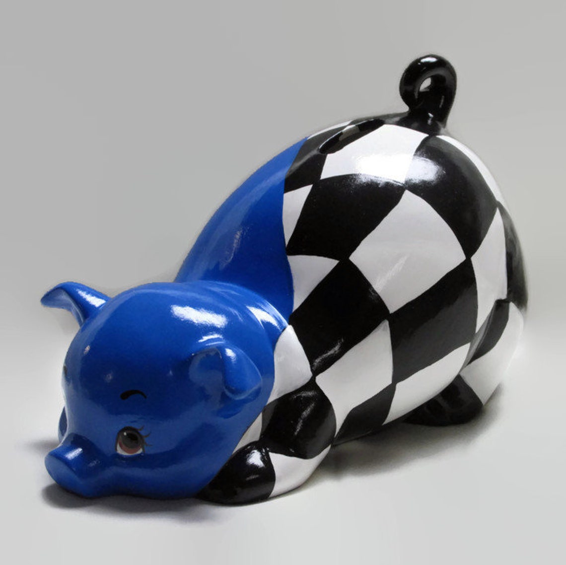Ceramic Piggy Bank Bright Blue Piggy Bank Checkered Flag - Etsy