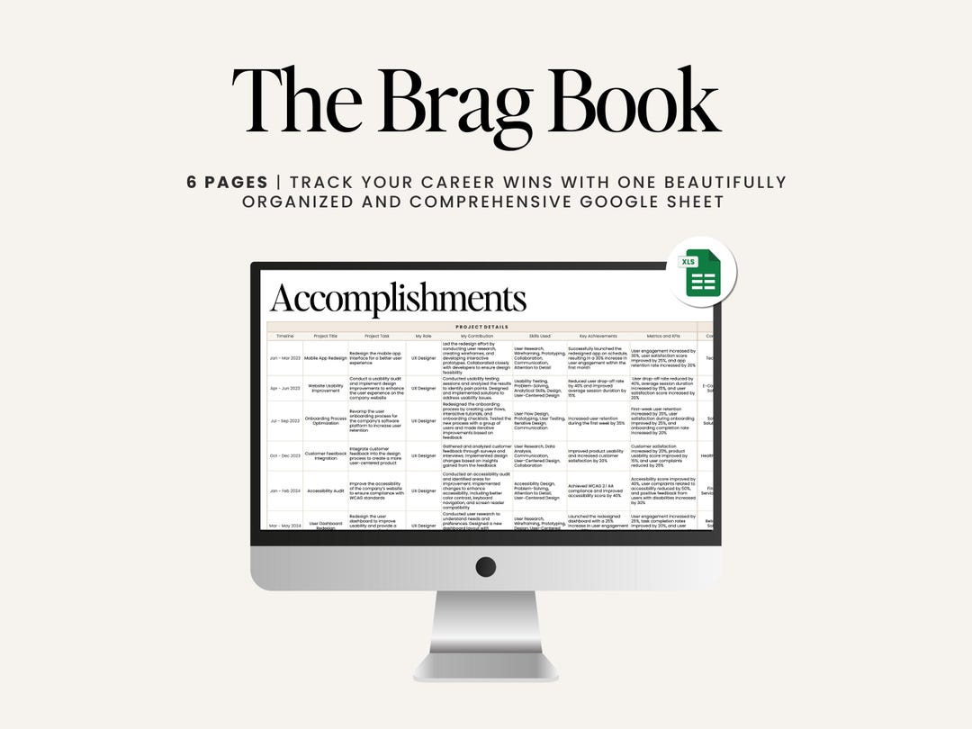 Brag Book Spreadsheet Google Sheets Career Accomplishments Tracker Goal ...