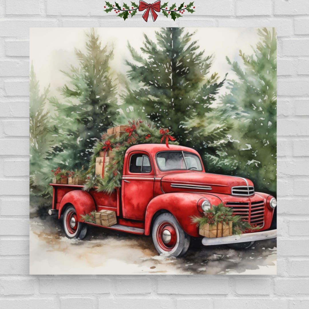 Vintage Christmas Truck Art Poster, Christmas Tree Farm, Rustic Holiday ...