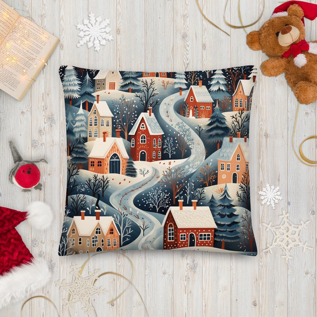 Snowy Scandinavian Village Pillow: Nordic Christmas Decor, 18x18, 20x12 ...