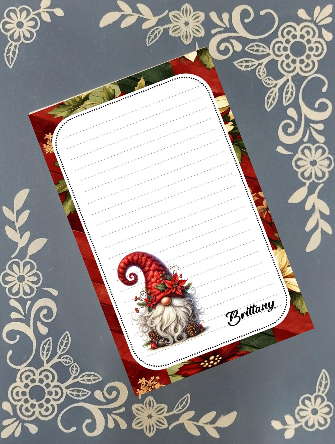Personalized Poinsettia Gnome, Christmas, Winter, Holiday, Notepad ...