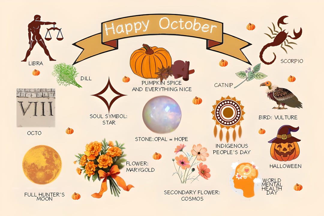 HAPPY OCTOBER Postcard - Birth Month, Zodiac, Gemstone, Flower, Bird ...