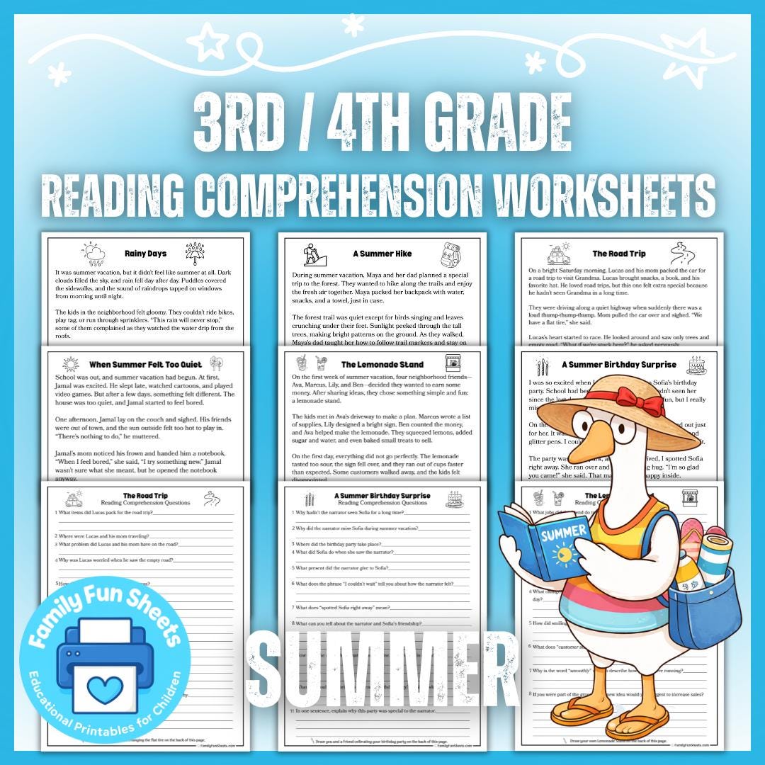 Summer Reading Comprehension Worksheets for 4th Grade Reading ...