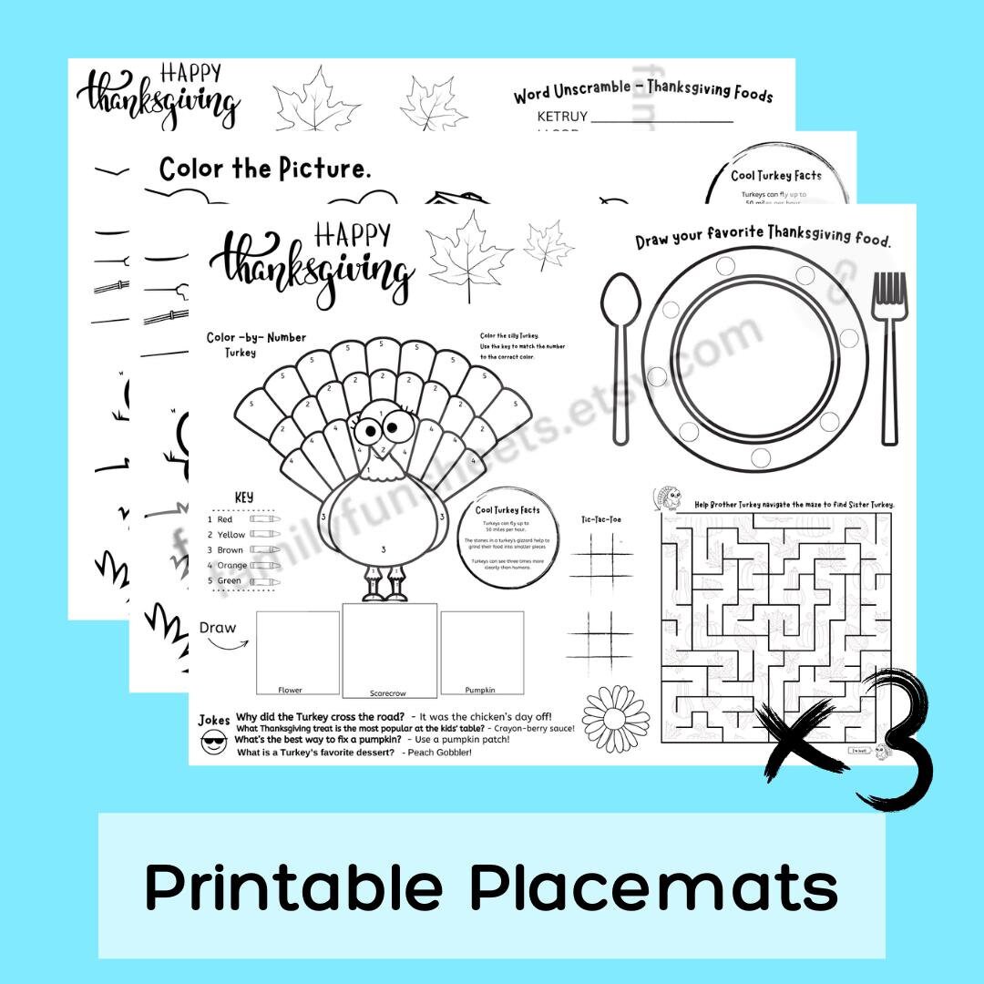 Thanksgiving Placemats Mazes Color by Number Word Search Word Scramble ...