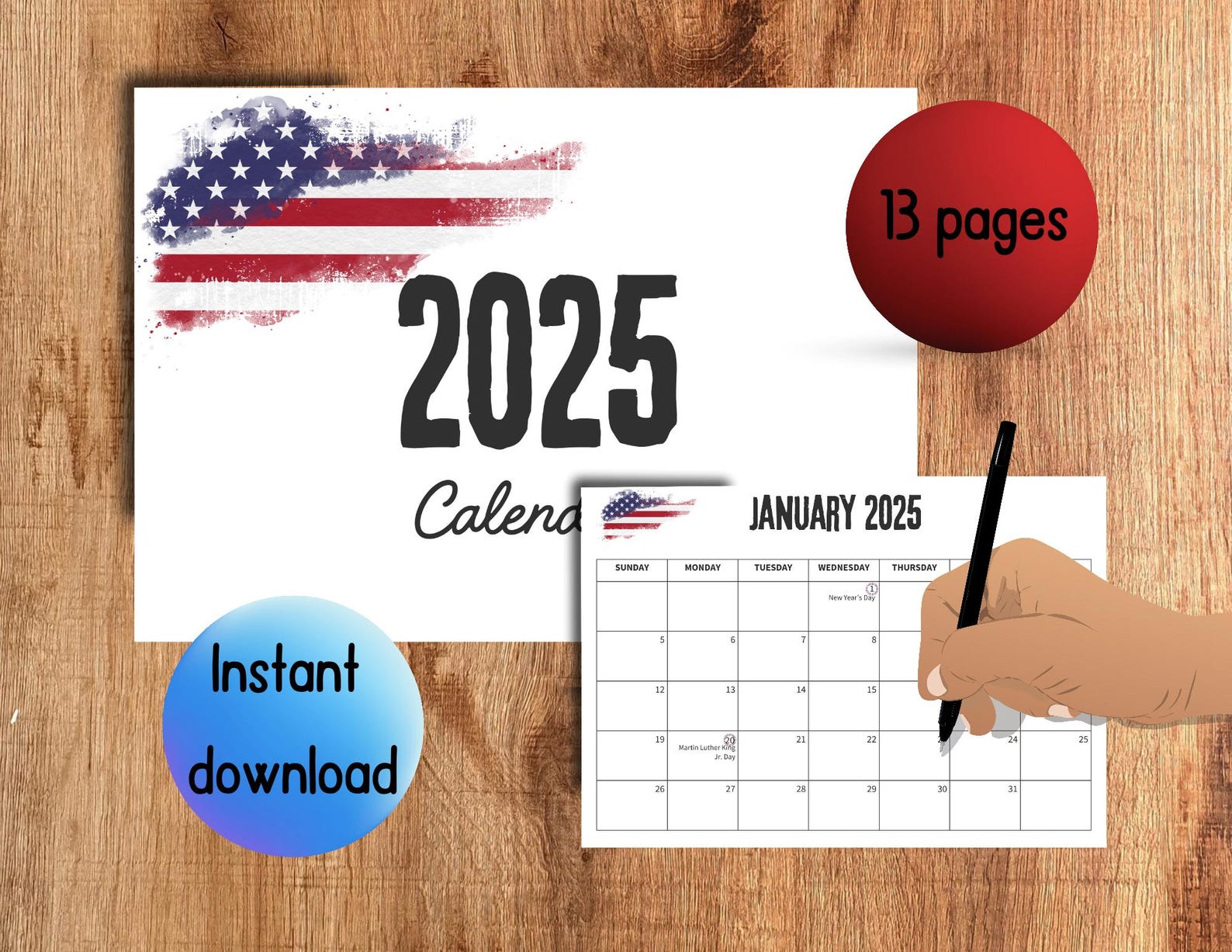 Printable Digital Calendar 2025, Monthly Calendar, Patriotic Design ...