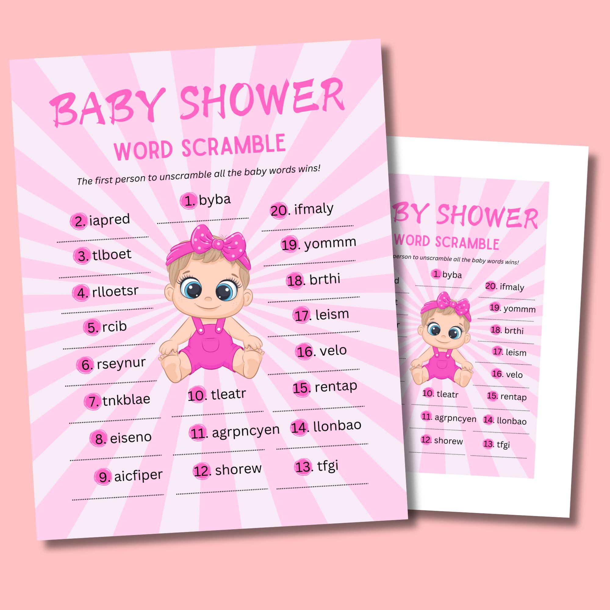 Pink Baby Shower Word Scramble Game: Printable Gender Reveal (US Letter ...